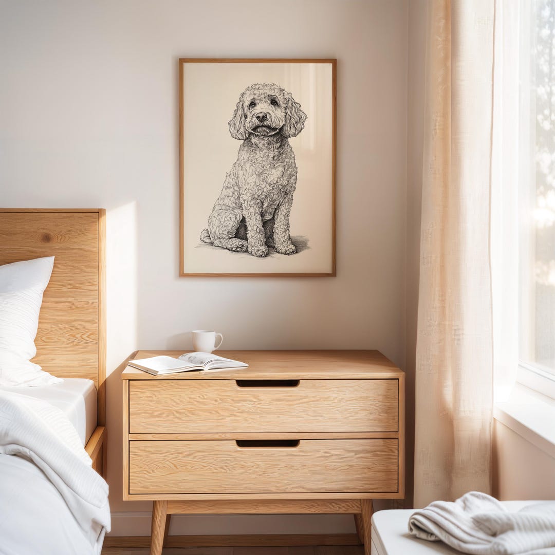Curly Doodle Dog Line Drawing – Black and White Pet Portrait Art Print ...