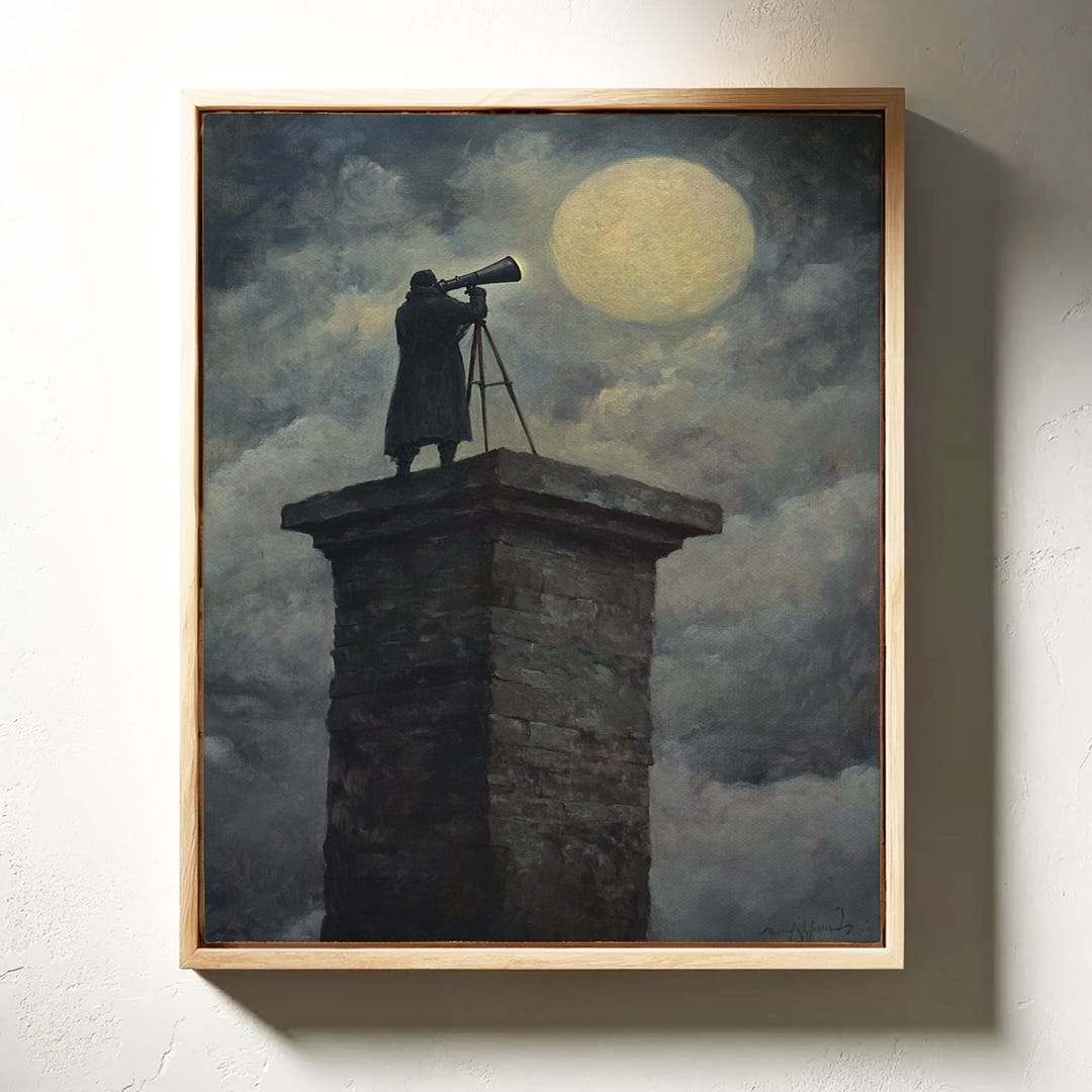 Man Observing Full Moon Canvas Wall Art - Dramatic Night Sky Scene With ...
