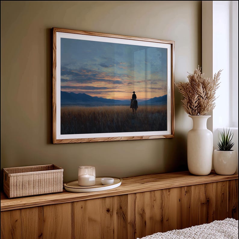 Cowboy Rides Into Sunset Across Quiet Prairie Sky - Etsy UK