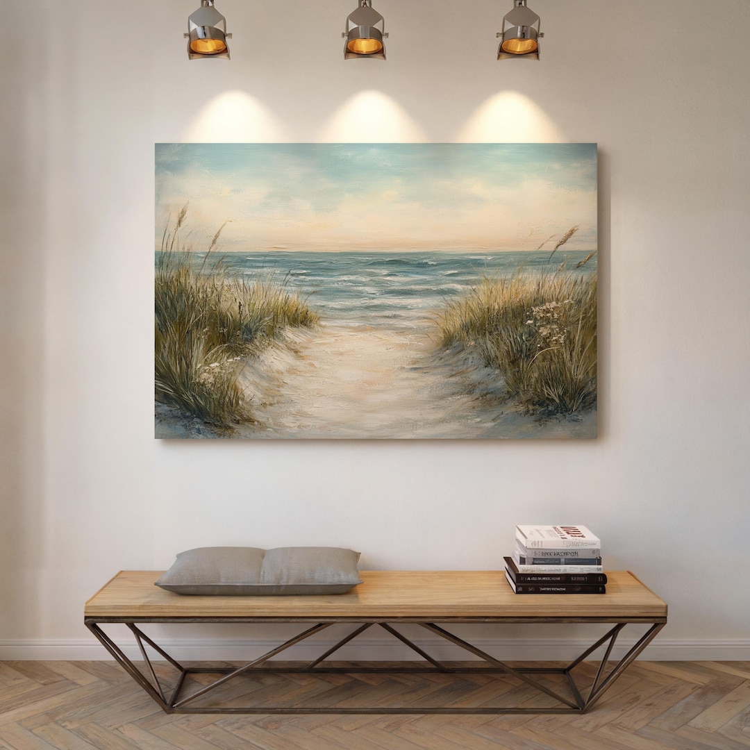 Coastal Beach Path With Sea Grass and Ocean Waves | Soft Blue Seascape ...