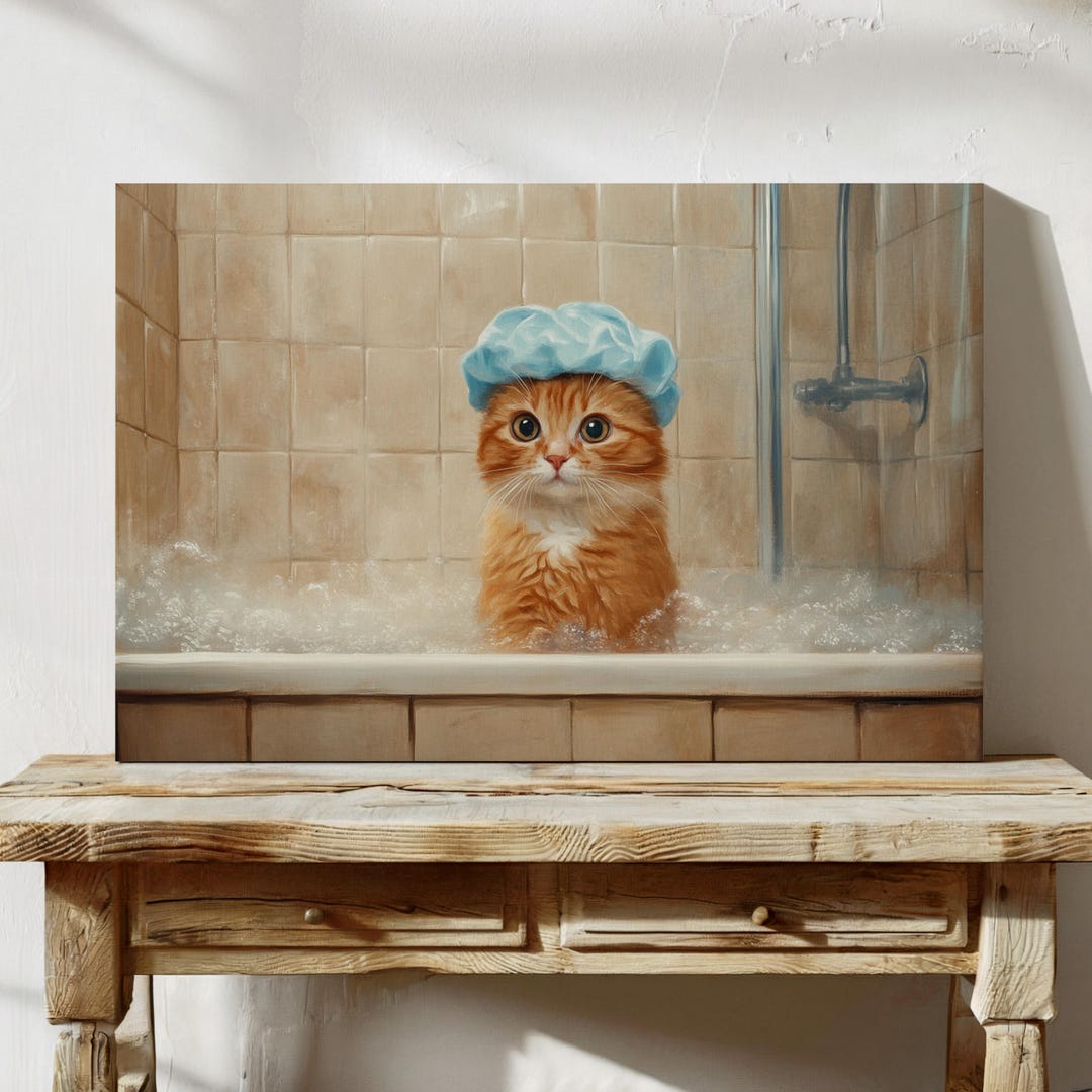 Funny Cat Bathroom Art, Vintage Oil Painting, Cute Kitten Bathtub ...