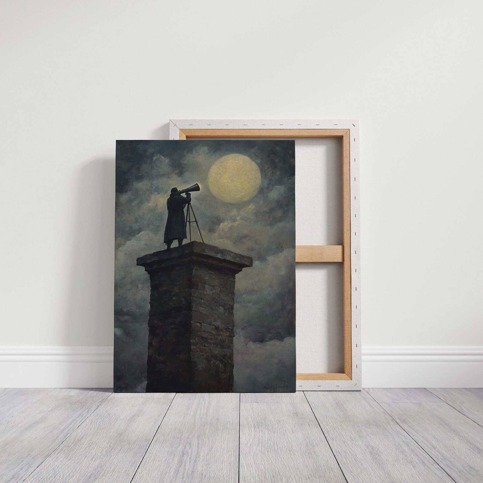 Man Observing Full Moon Canvas Wall Art - Dramatic Night Sky Scene With ...
