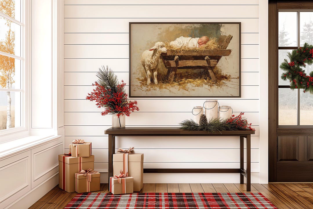 Baby Jesus in Manger With Lamb Nativity Painting - Etsy