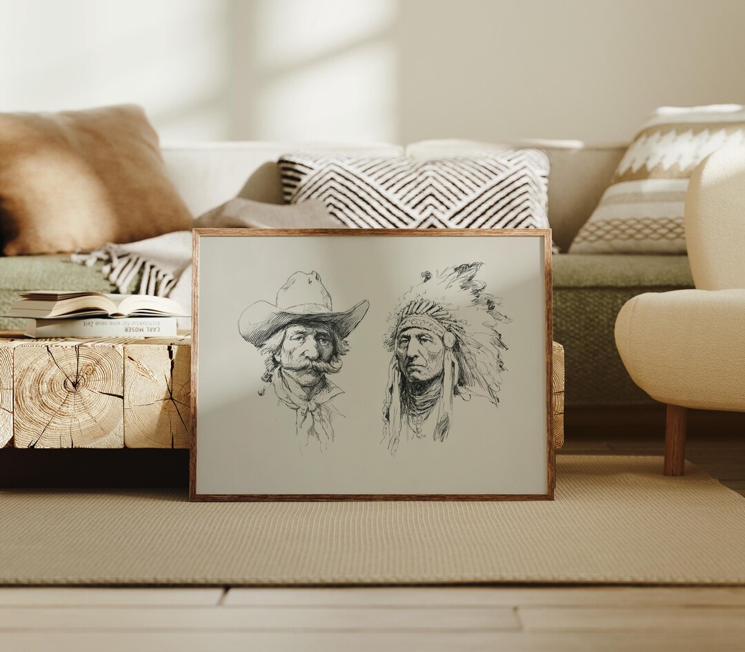 Cowboy and Chief Western Ink Drawing Portrait - Etsy