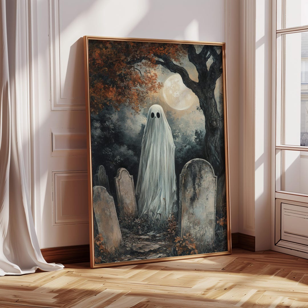 Full Moon Ghost Canvas Art | Spooky Graveyard Halloween Wall Decor ...