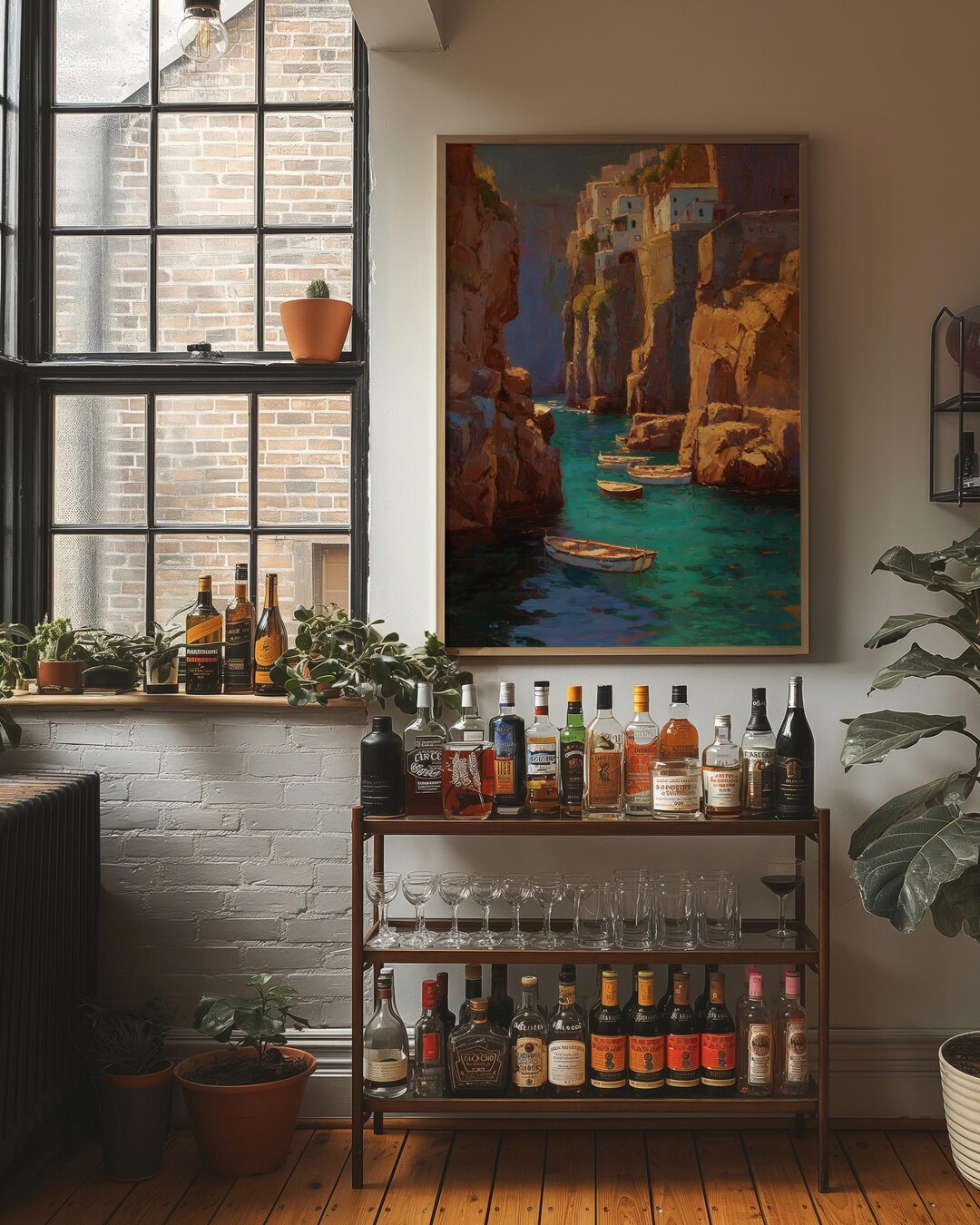 Mediterranean Cliffside Boats | Colorful Coastal Village Painting With ...