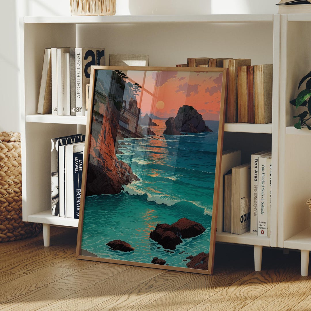 Japanese Coastal Sunset Canvas Art, Serene Ocean Waves Painting With ...