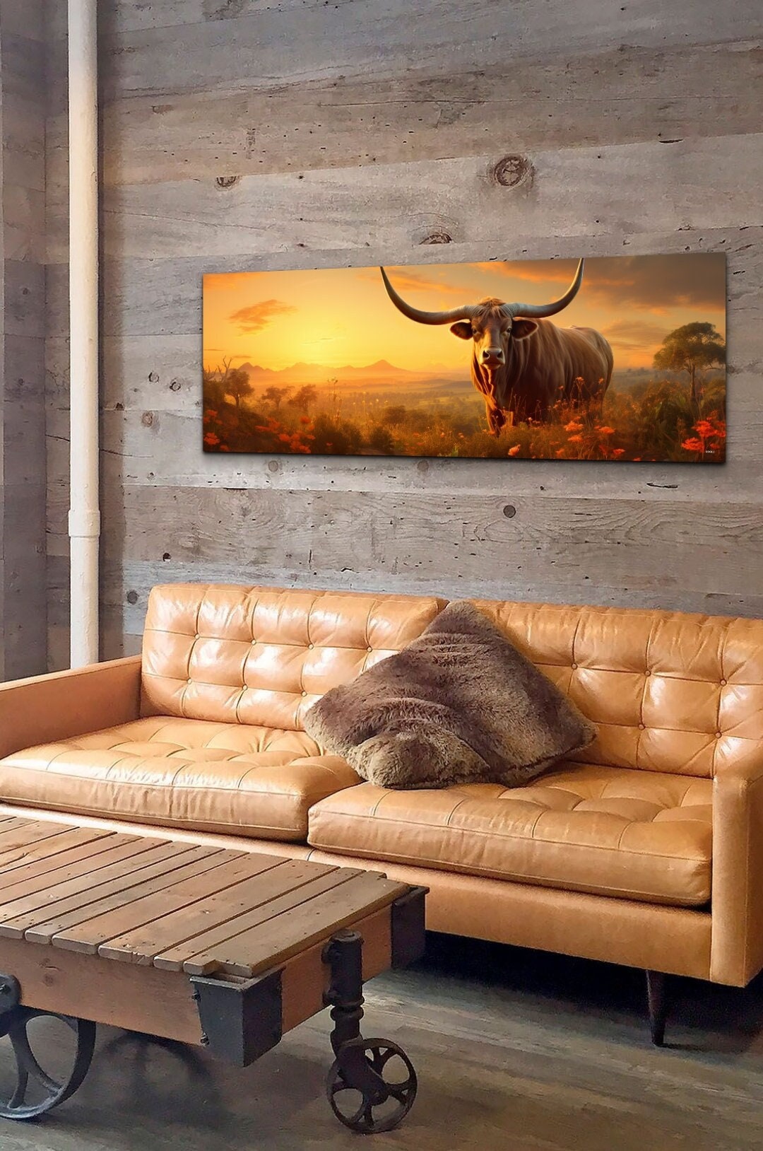 Longhorn Steer Panoramic Canvas Wall Art, Southwestern Wall Art, Cow ...