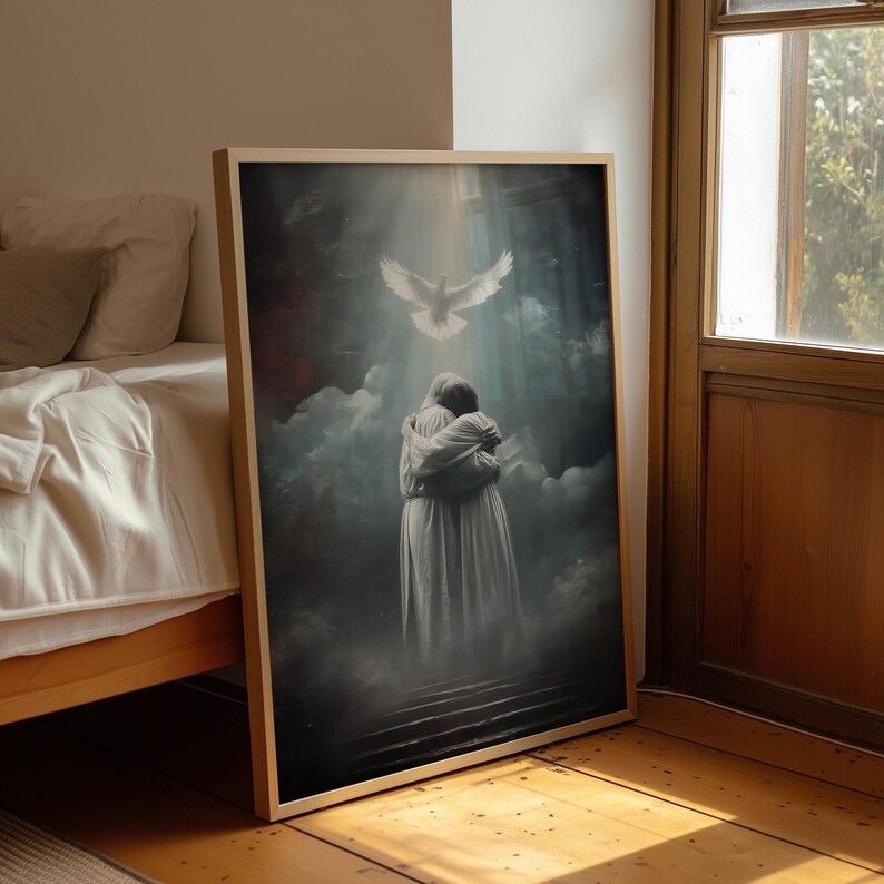 Heavenly Embrace Christian Canvas Wall Art | Angel Hug With Dove ...
