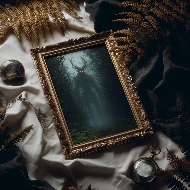 Forest Guardian Creature Canvas Art, Mythical Antlered Spirit in Foggy ...