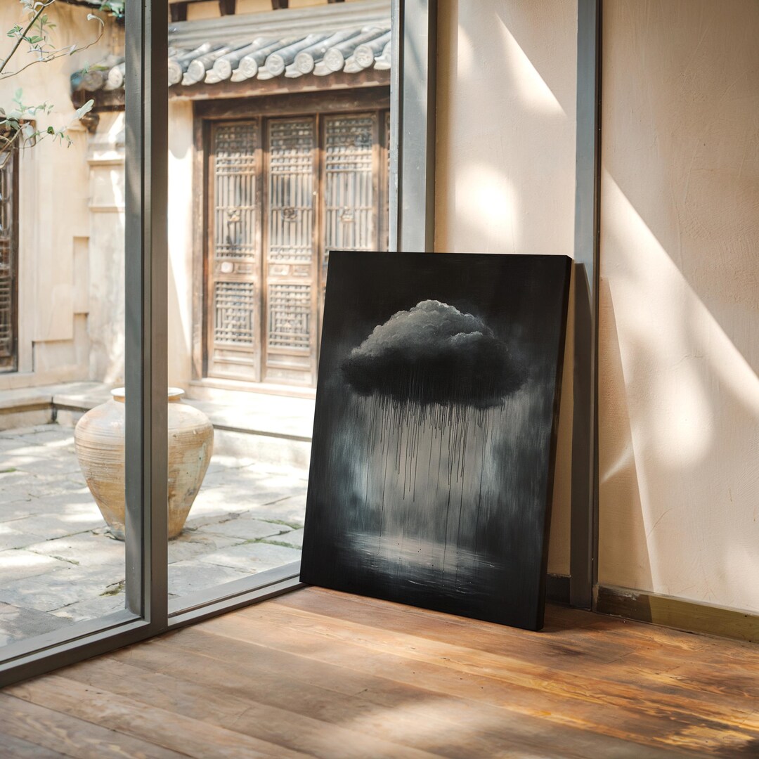 Moody Rain Cloud Wall Art - Minimalist Black and White Abstract Canvas ...