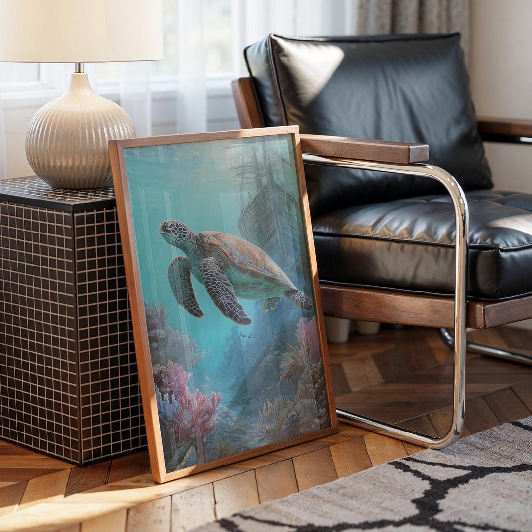 Sea Turtle and Sunken Ship | Underwater Adventure Wall Art - Etsy