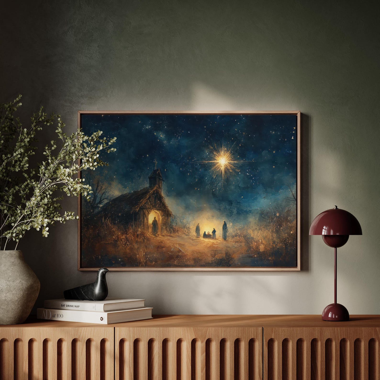 Nativity Scene Canvas Wall Art – Rustic Christmas Star Painting, Framed ...