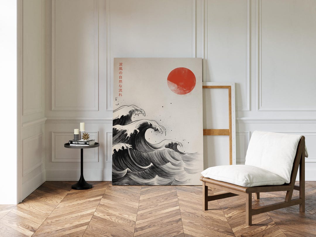 Japanese Wave Haiku Canvas Art – Minimalist Red Sun and Ocean Print ...