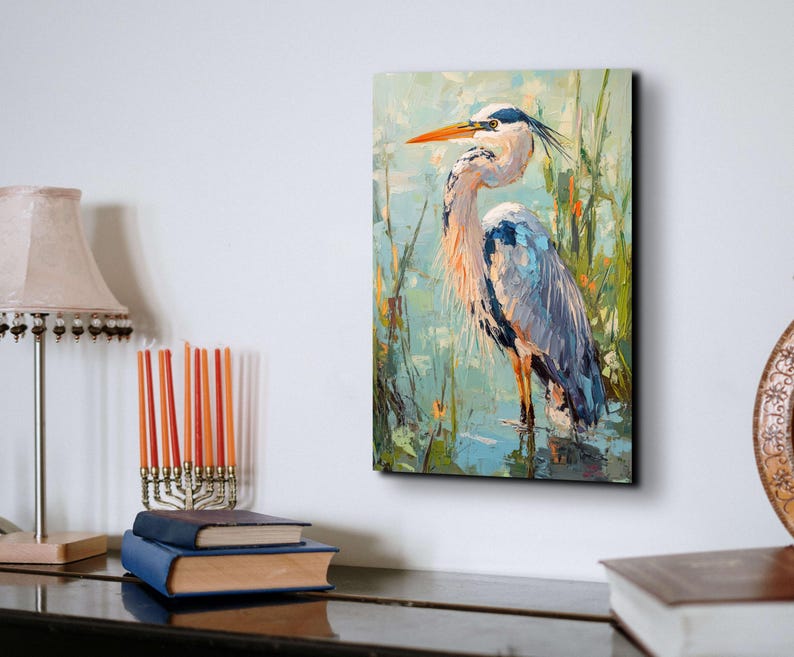 Oil Paint Blue Herron Ready to Hang Canvas Wall Art Print , Herron Art ...