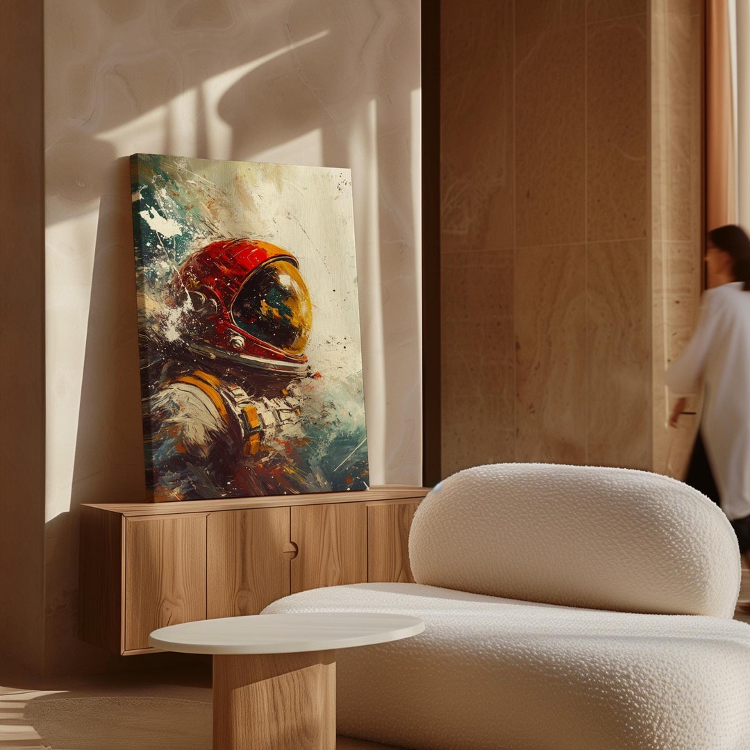 Abstract Astronaut Art - Vibrant Red Space Helmet, Cosmic Brush Strokes ...