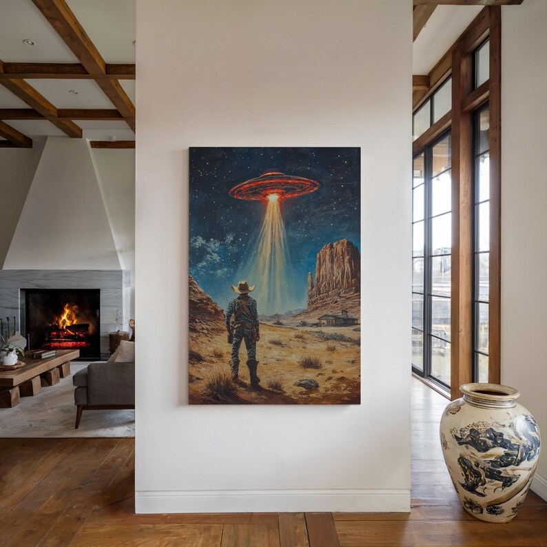 Alien Encounter in the Wild West - Vintage Cowboy UFO Canvas Art - Sci ...