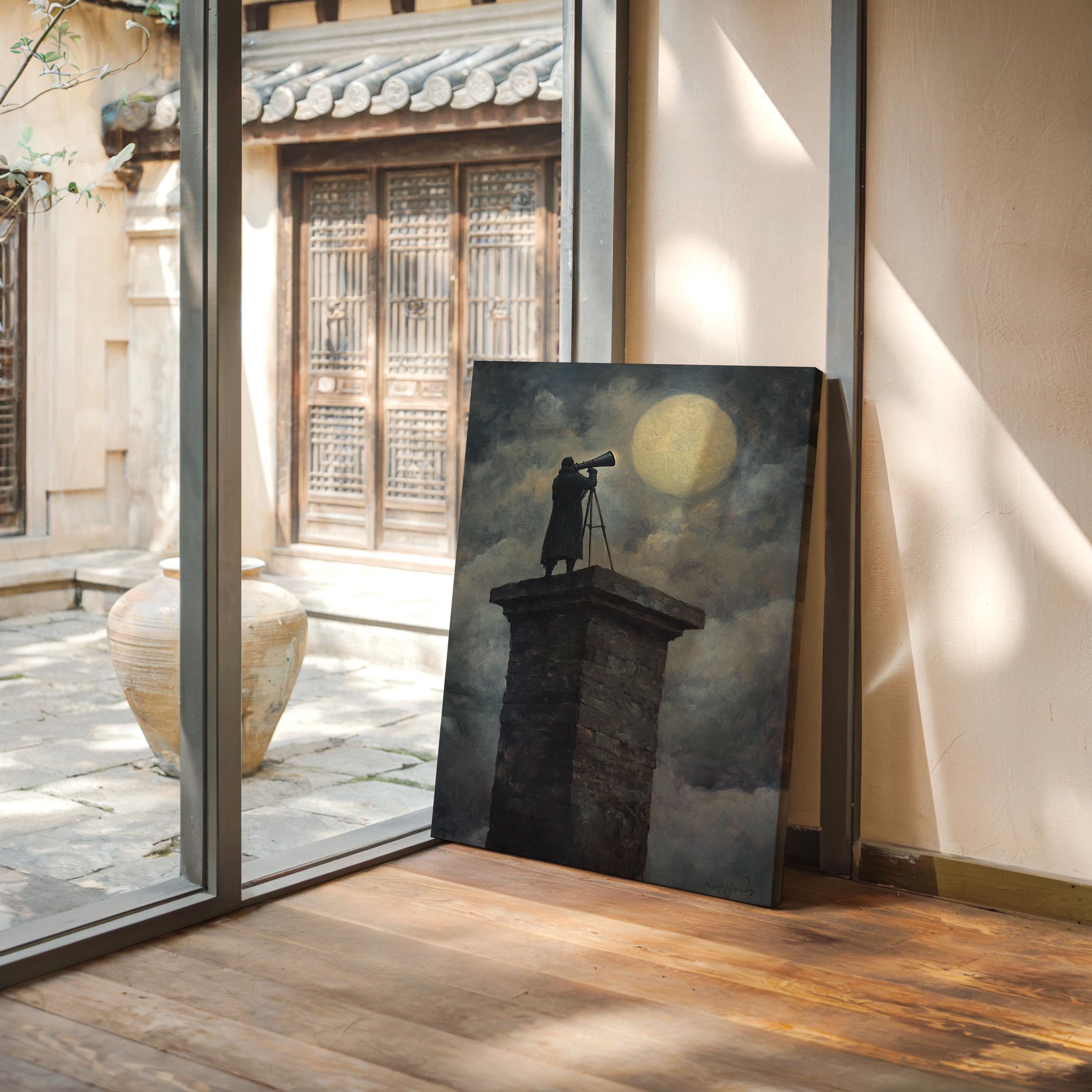 Man Observing Full Moon Canvas Wall Art - Dramatic Night Sky Scene With ...