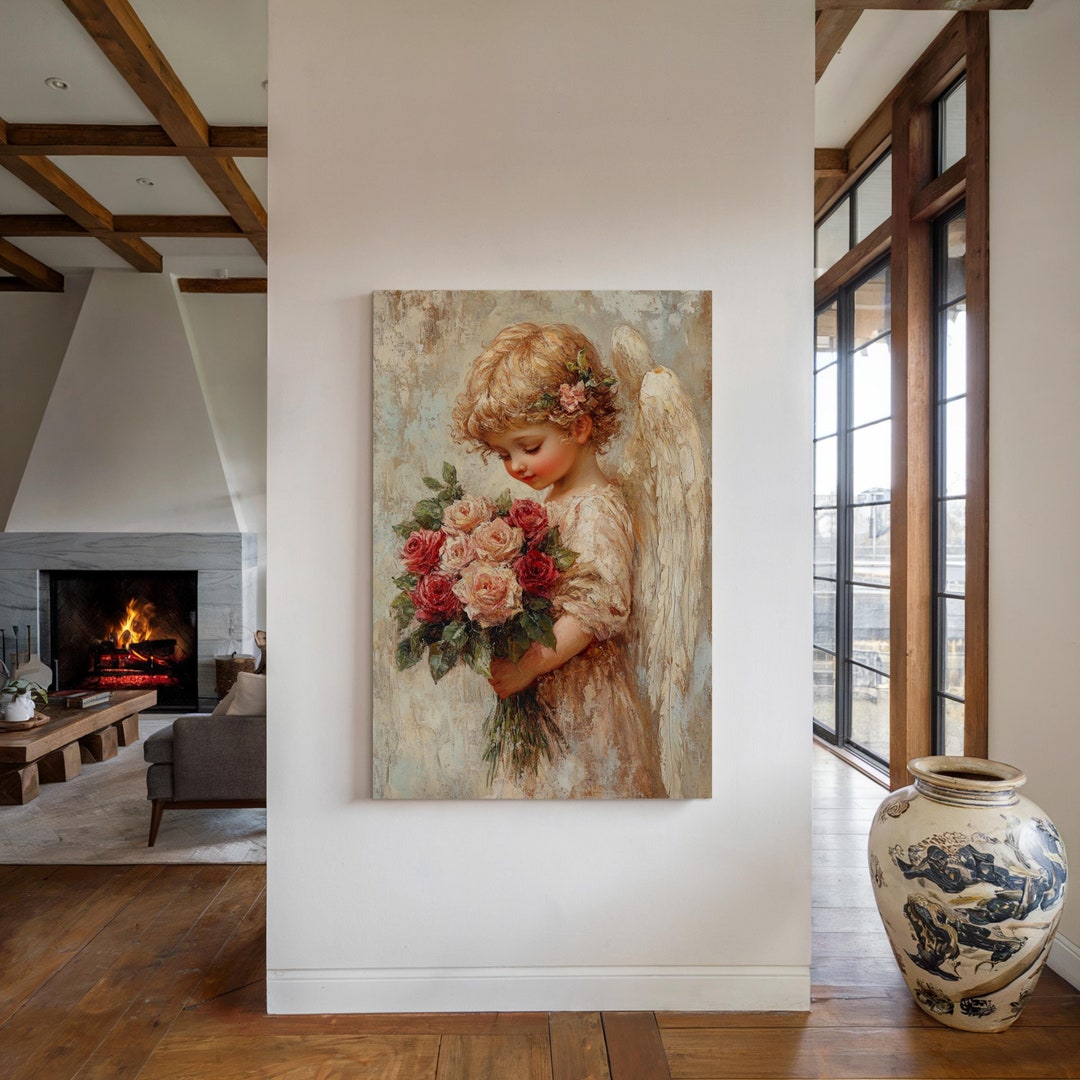 Angelic Child With Bouquet of Roses - Stunning Canvas Wall Art for ...