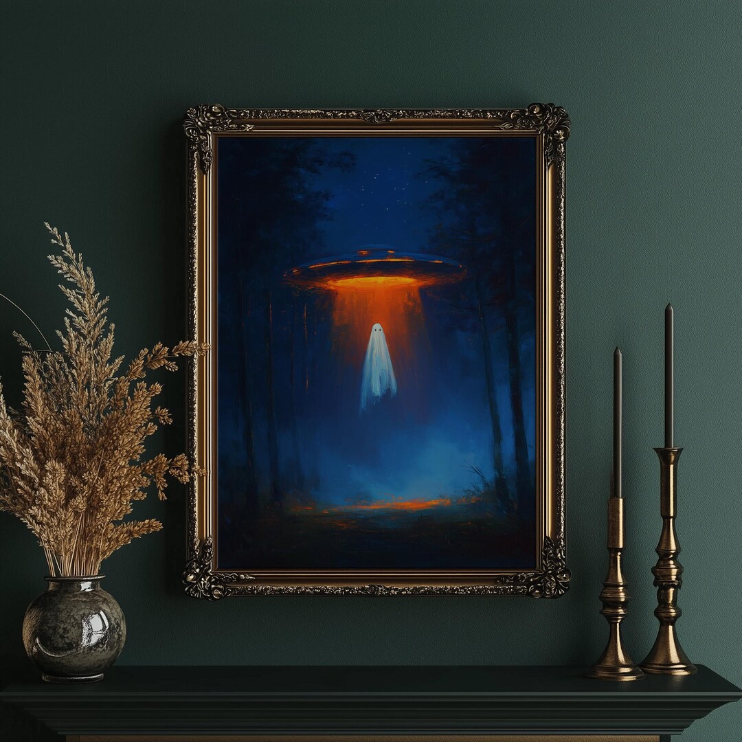Cute Ghost Being Abducted by UFO in Moody Night Forest - Etsy