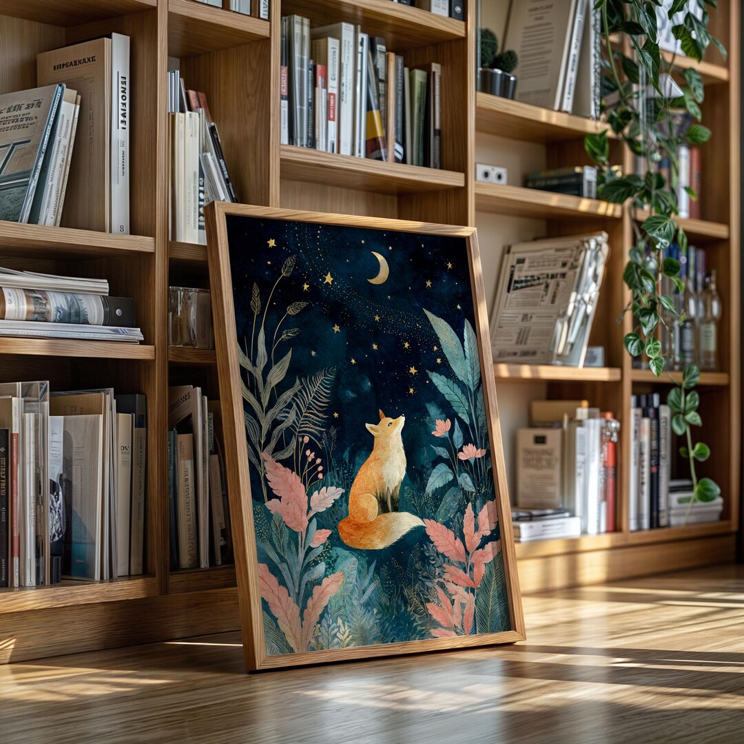 Fox Under Crescent Moon and Starry Sky - Etsy