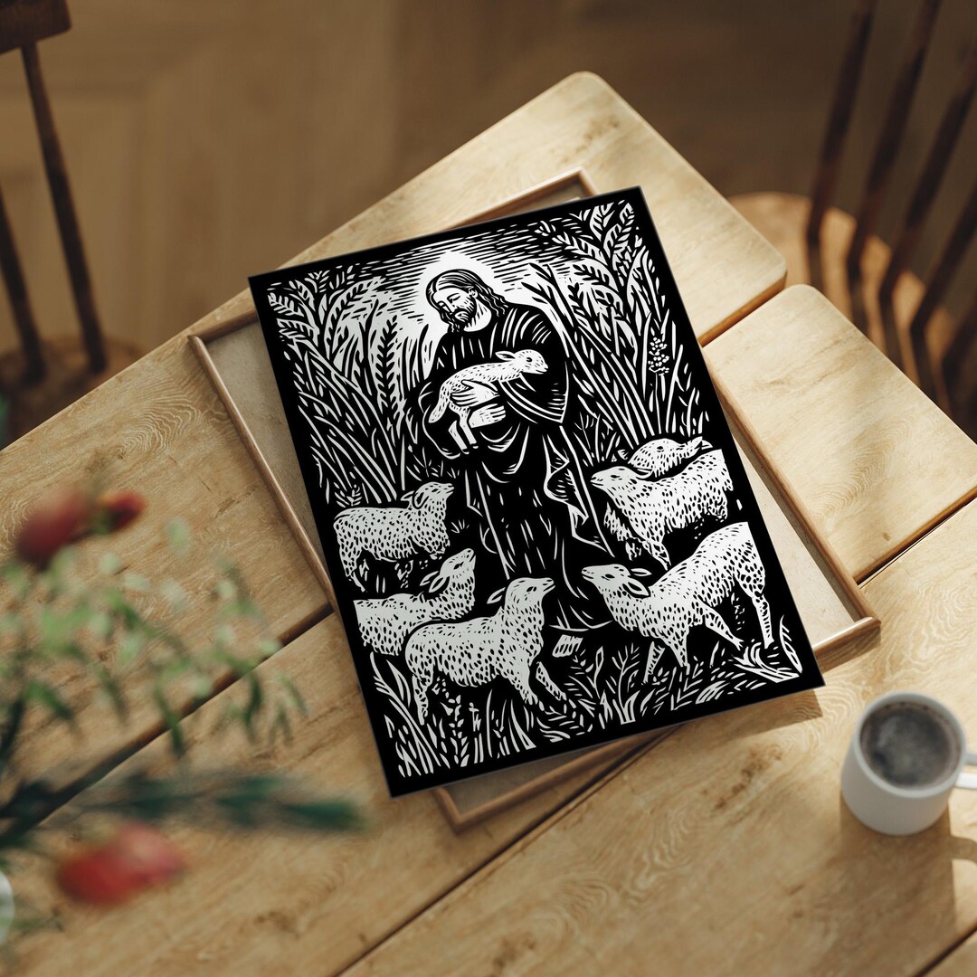 Good Shepherd Linocut Style Art | Black and White Jesus With Lambs ...
