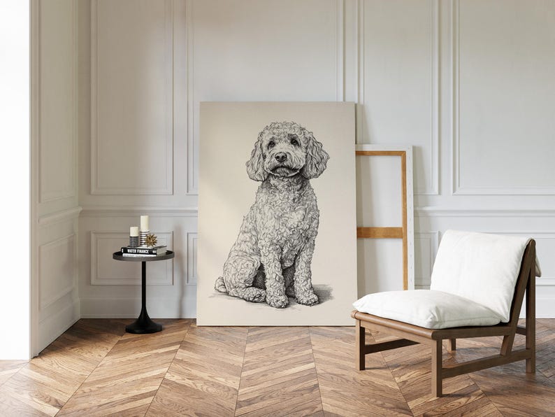 Curly Doodle Dog Line Drawing – Black and White Pet Portrait Art Print ...