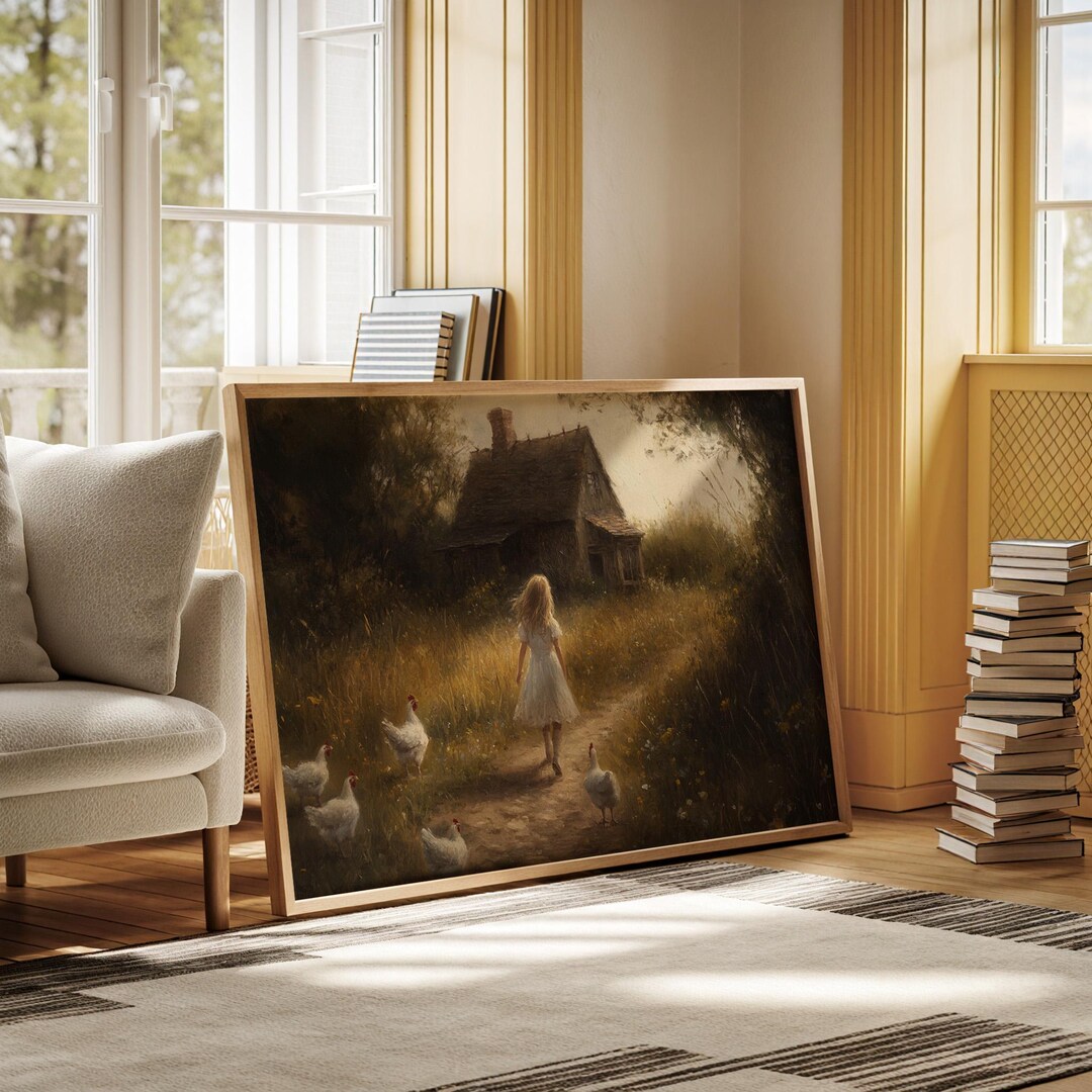 Vintage Cottage Girl With Chickens Canvas Art - Rustic Farmhouse Decor ...