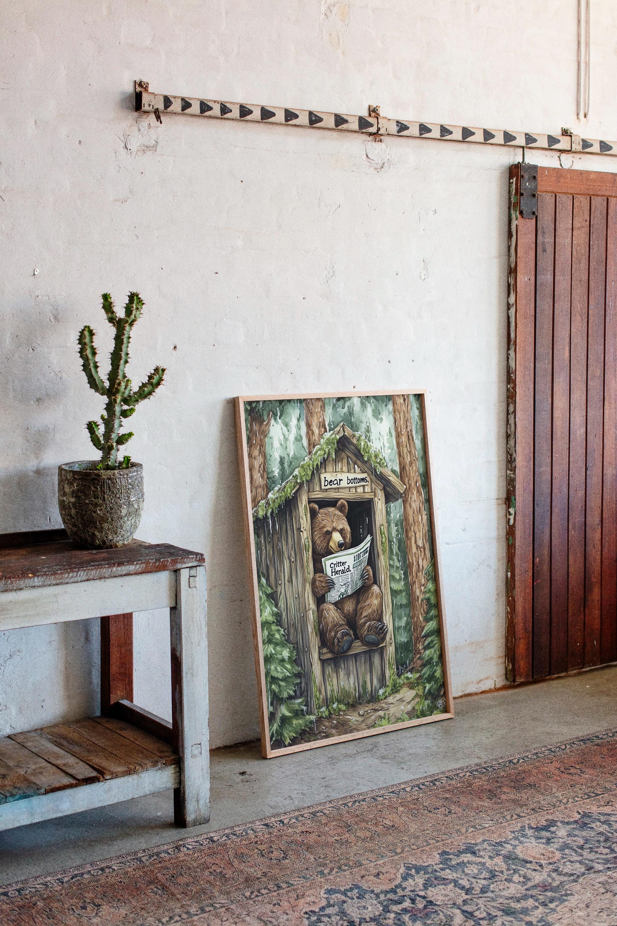 Funny Bear Bathroom Wall Art – Rustic Outhouse Reading Bear Poster ...