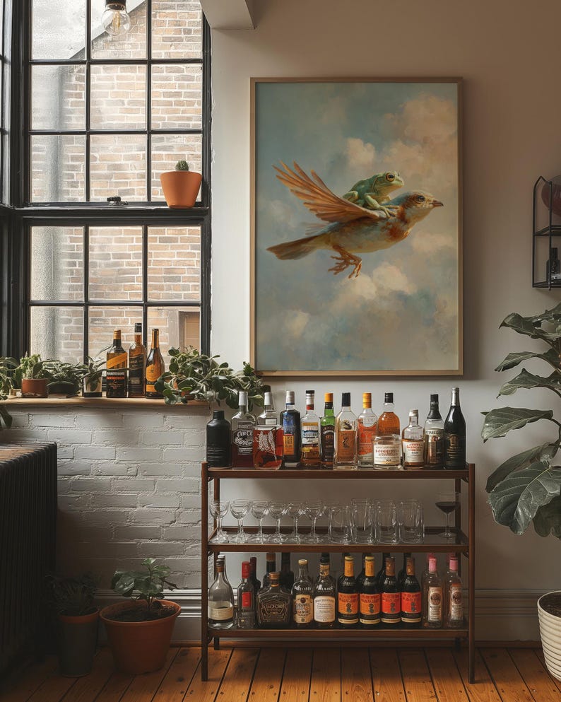 Frog Riding Bird Canvas Wall Art | Whimsical Vintage Oil Painting Style ...