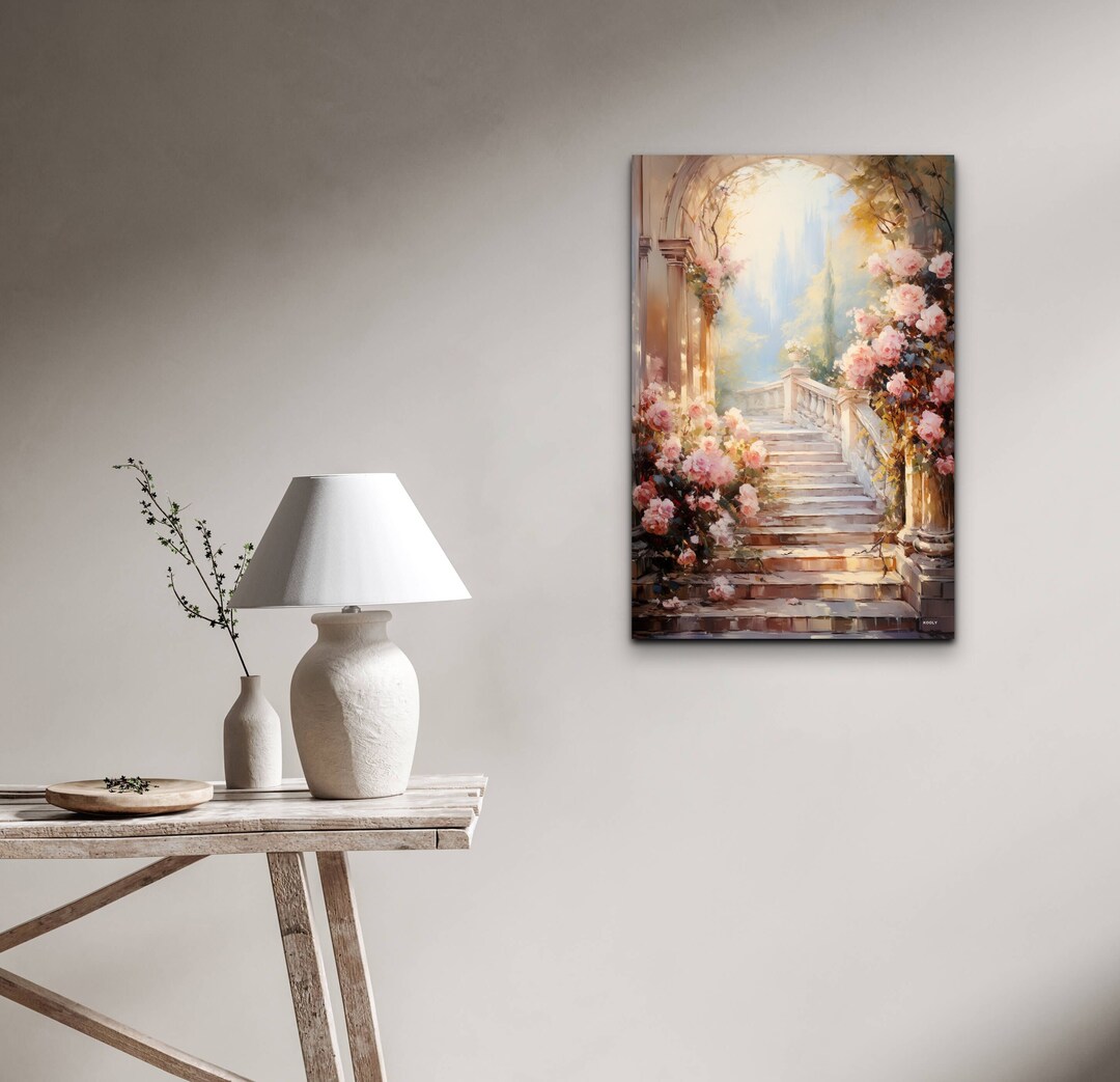 Vibrant Rose Garden Path Oil Painting Style Canvas Wall Art Print, Lush ...