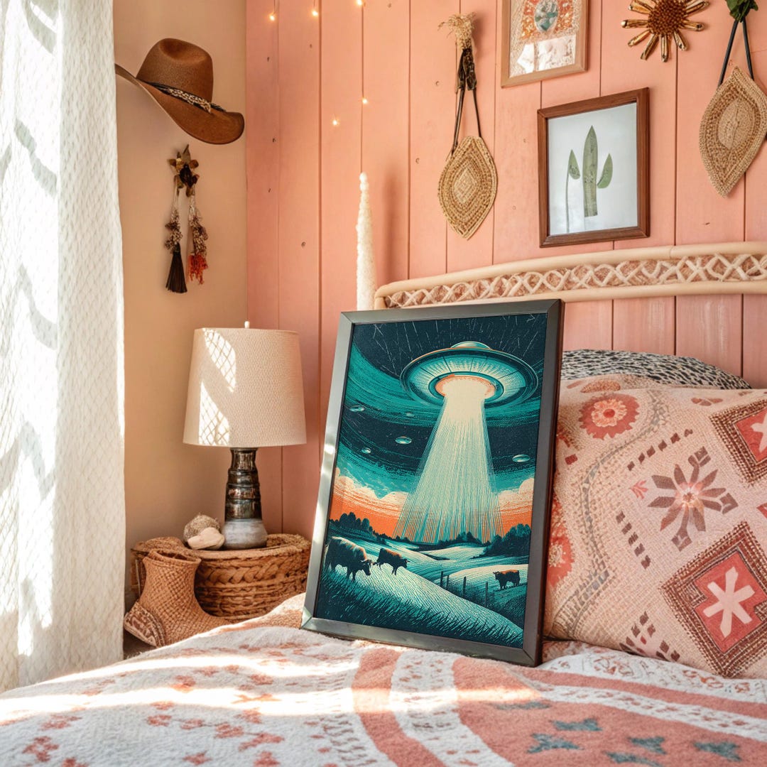 Retro UFO Abduction Scene Over Rural Farmland - Etsy
