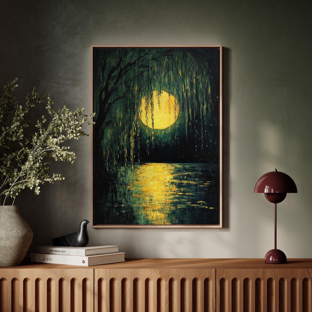 Mystical Moonlit Willow With Glowing Reflection: Tranquil Forest Night Scene Canvas Wall Art for ...