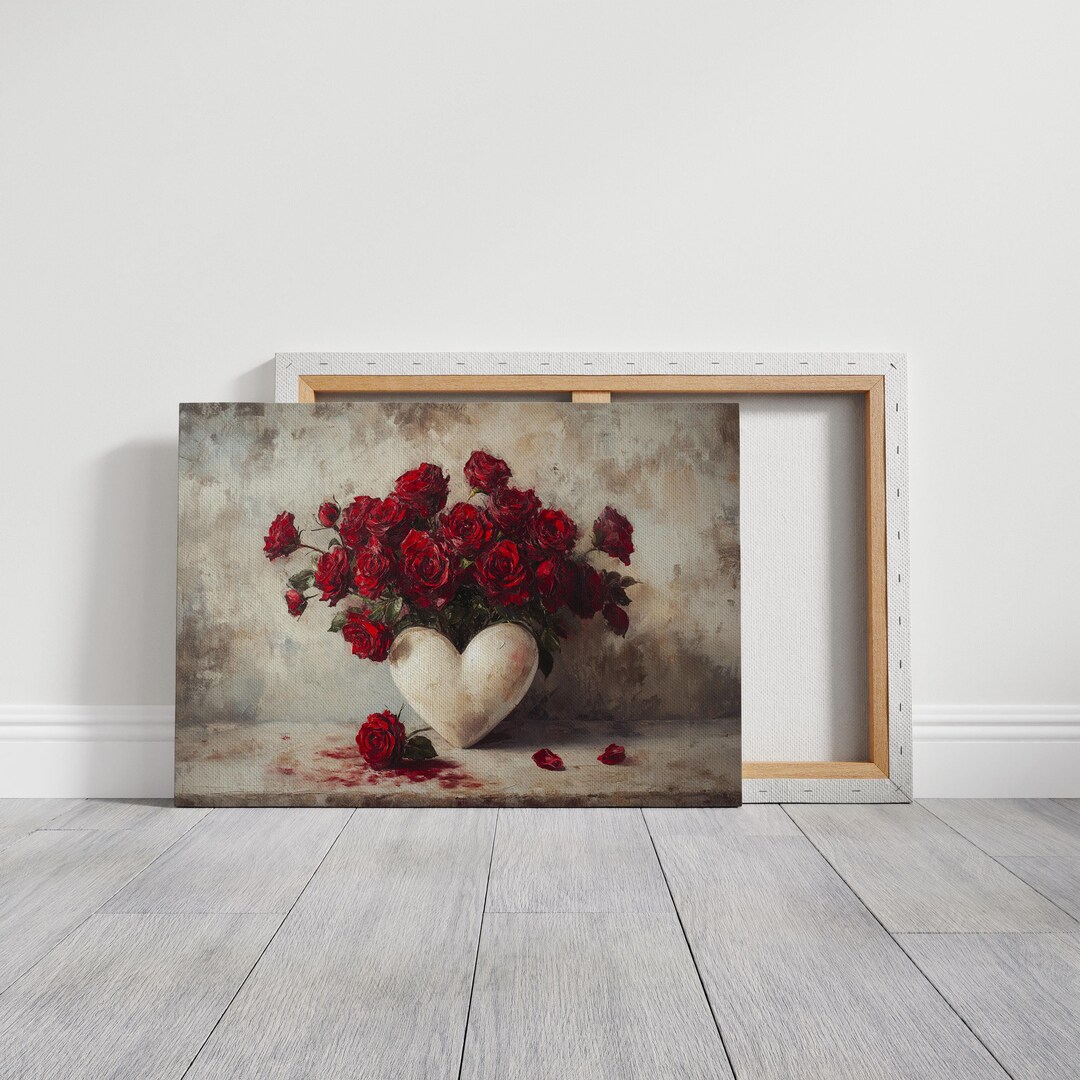 Romantic Red Roses in Heart Vase Canvas Wall Art - Elegant Floral ...