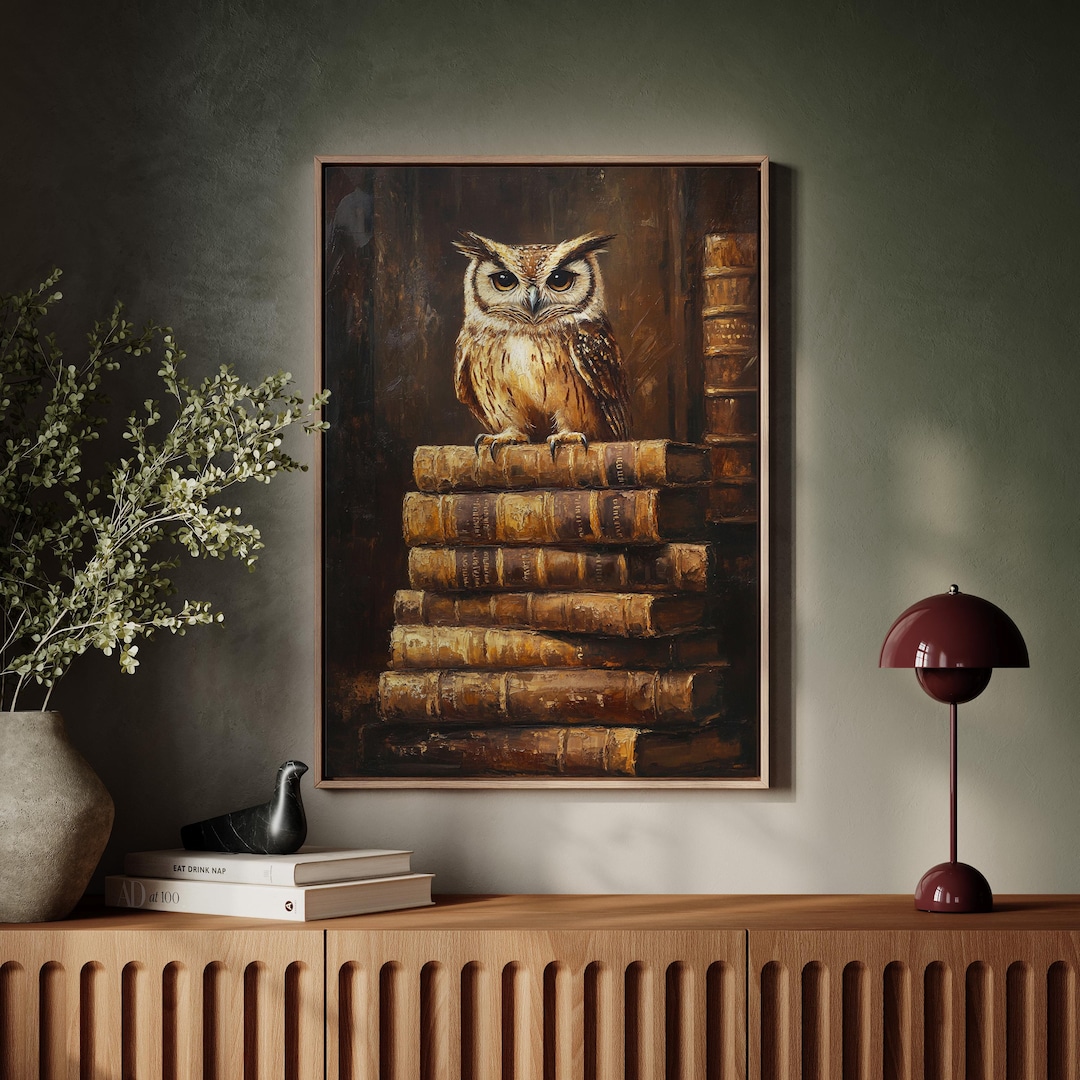 Vintage Owl Library Canvas - Wise Owl on Books Painting, Rustic Study ...