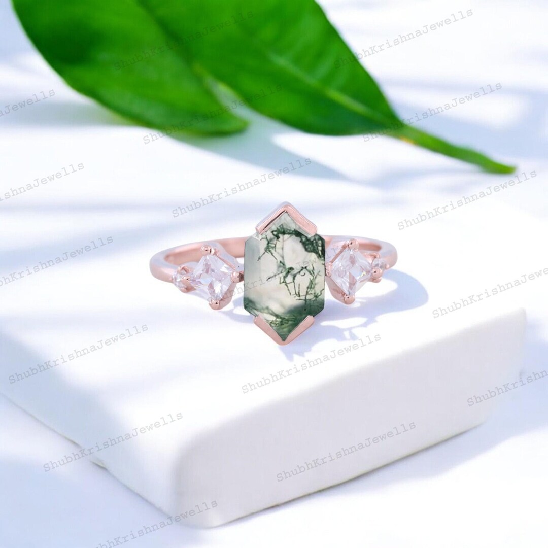 Elongated Hexagon Wedding Ring, 14k Solid Gold Stacking Ring, Half ...