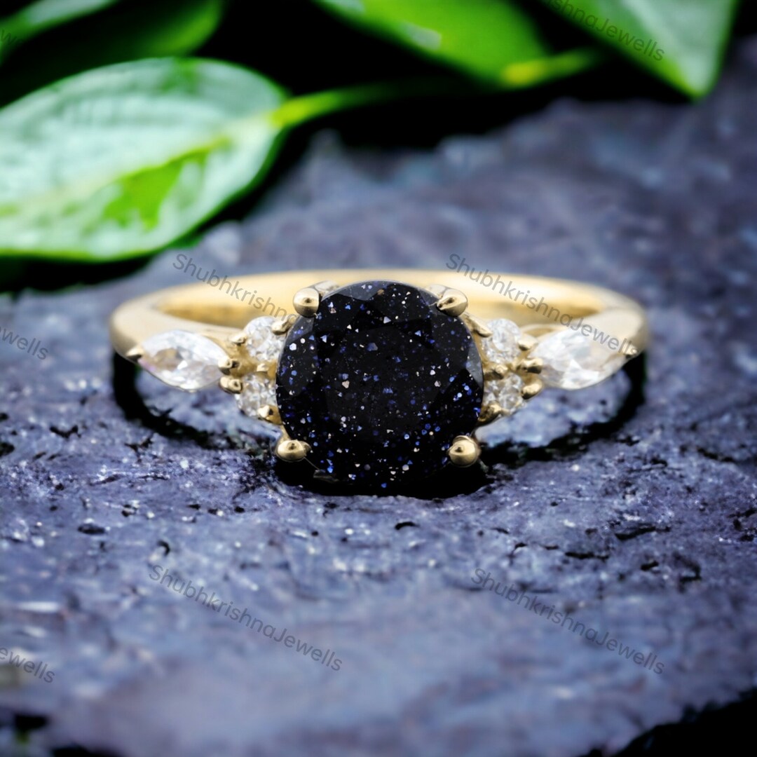 Vintage Blue Starry Sandstone Wedding Ring 14kyellow Gold Ring Galaxy ...