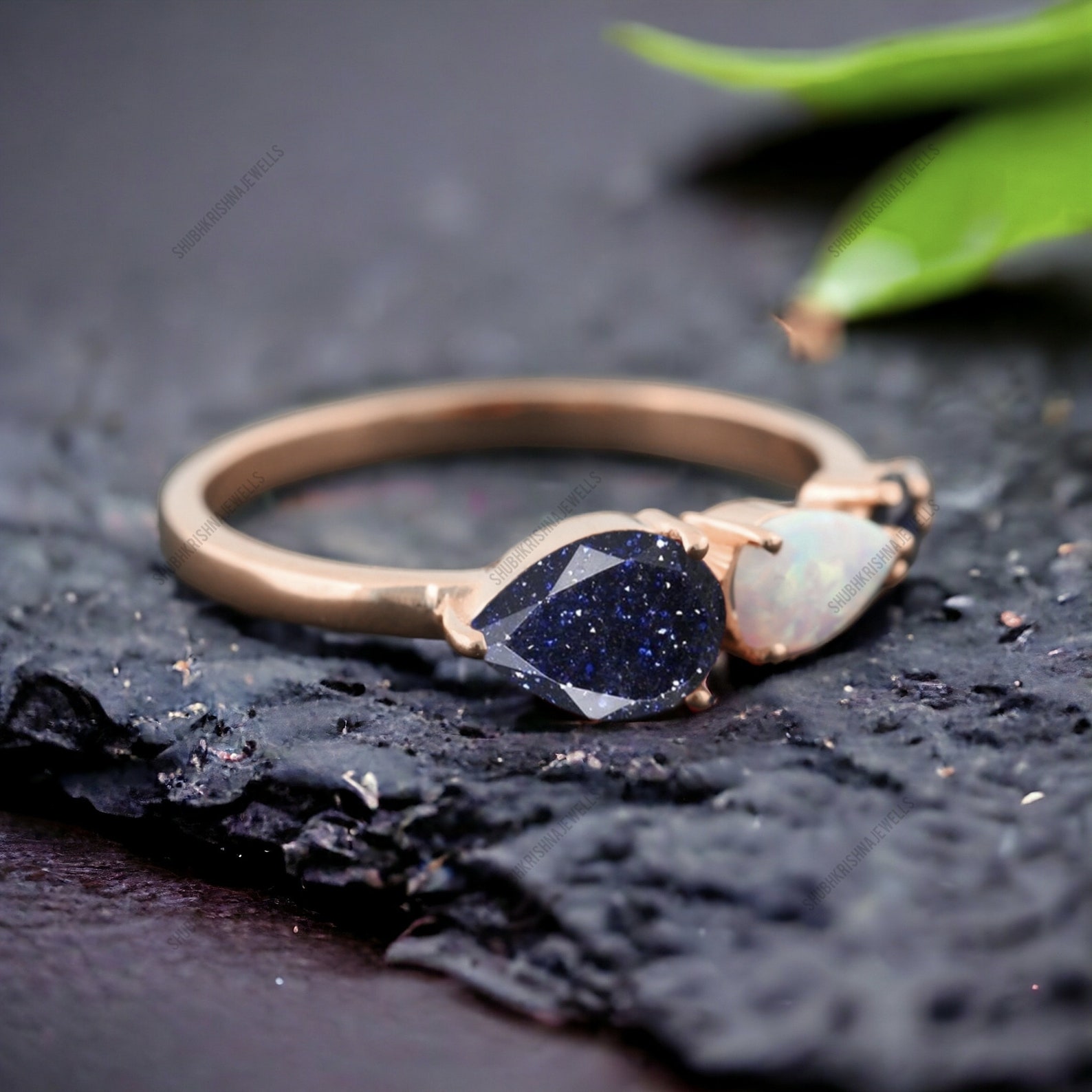 Teardrop Blue Sandstone Wedding Ring Blue Goldstone Engagement Ring Art ...