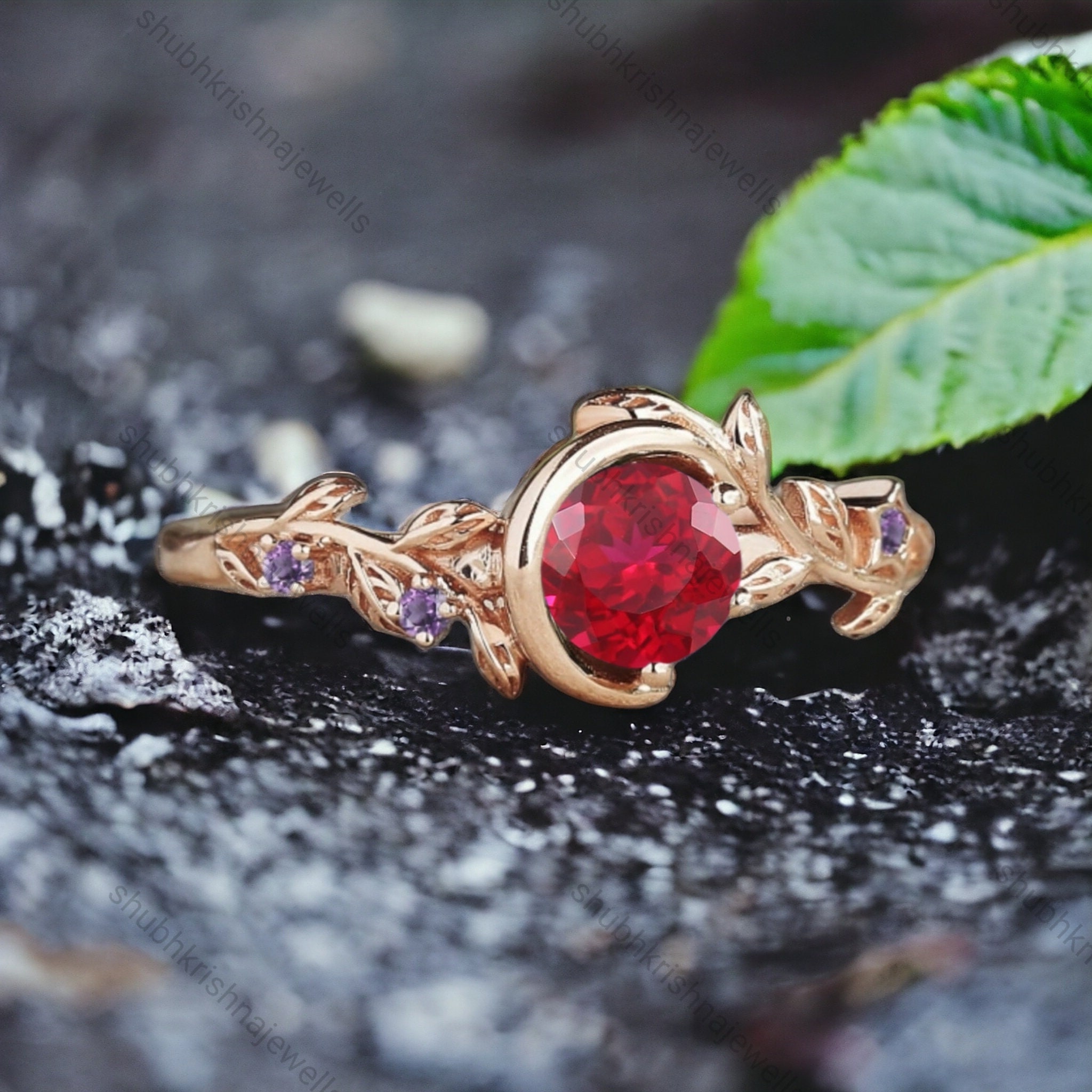 Crescent Moon Ruby Engagement Ring Nature Inspired Leaf Amethyst ...