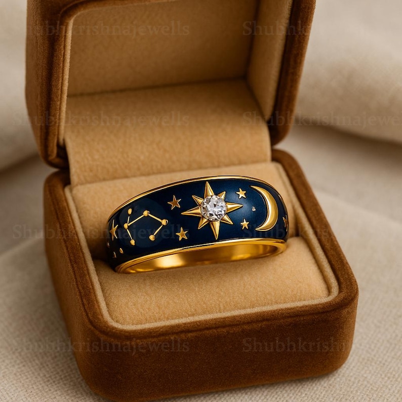 Galaxy Enamel Dome Ring • Dark Blue Enamel Band With Moissanite Stars ...