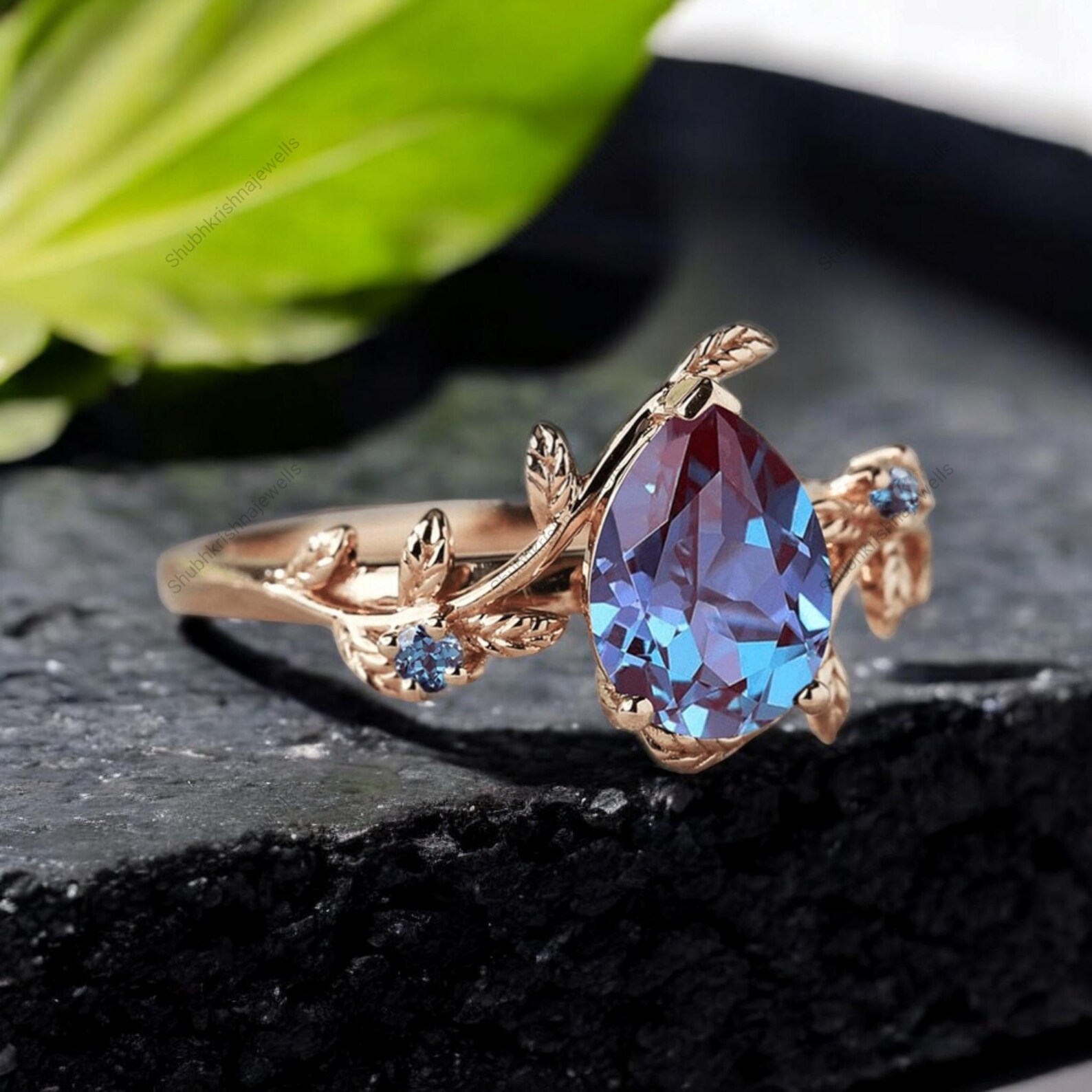 Pear Alexandrite Engagement Ring, Nature Inspired Leaf Rings, 14k Rose ...