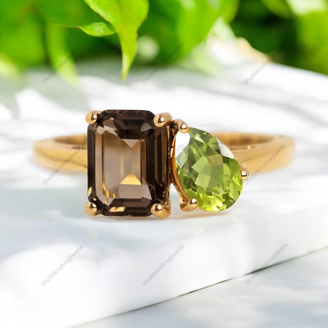 Vintage Smoky Topaz Peridot Engagement Ring Toi Et Moi Gemstone Jewelry August Birthstone Gifts ...