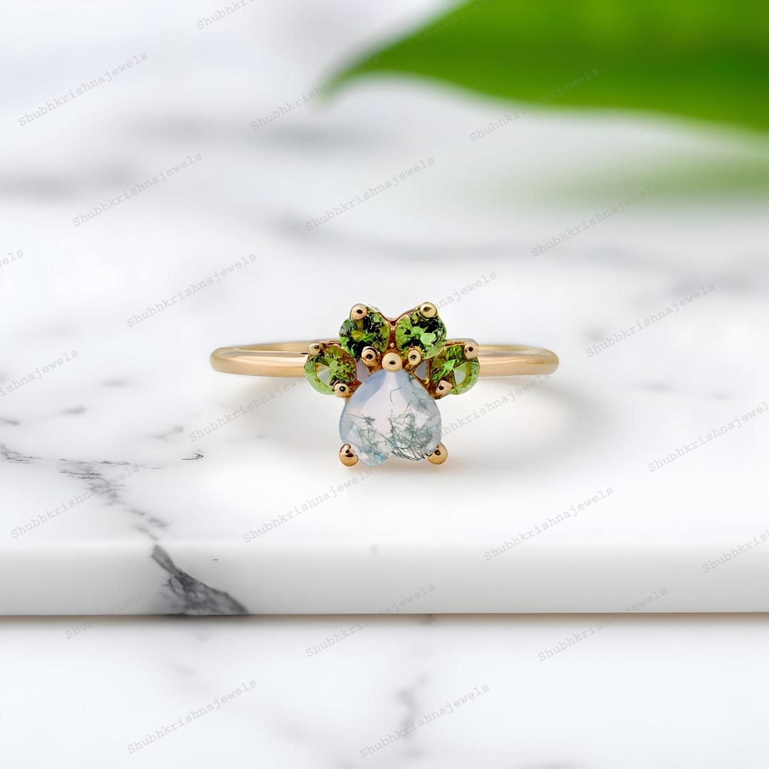 Heart Shape Moss Agate Paw Ring 14K Rose Gold Animal Lover Ring Antique ...