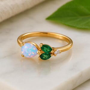 Unique Emerald Opal Proposal Ring Dainty Rose Flower Promise Ring Pear ...