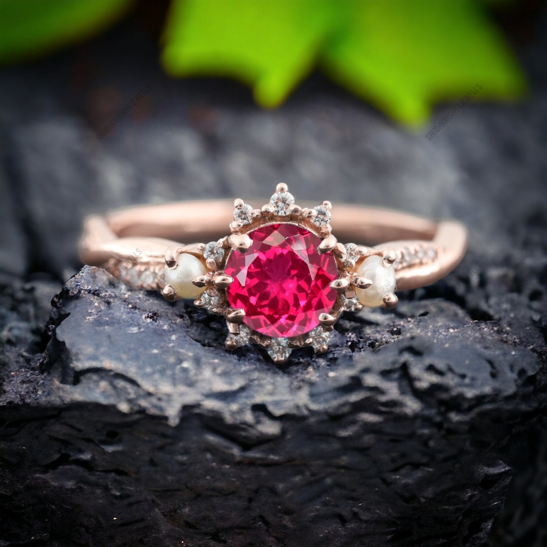 Vintage Pink Ruby Engagement Ring Diamond Halo Promise Proposal Ring ...