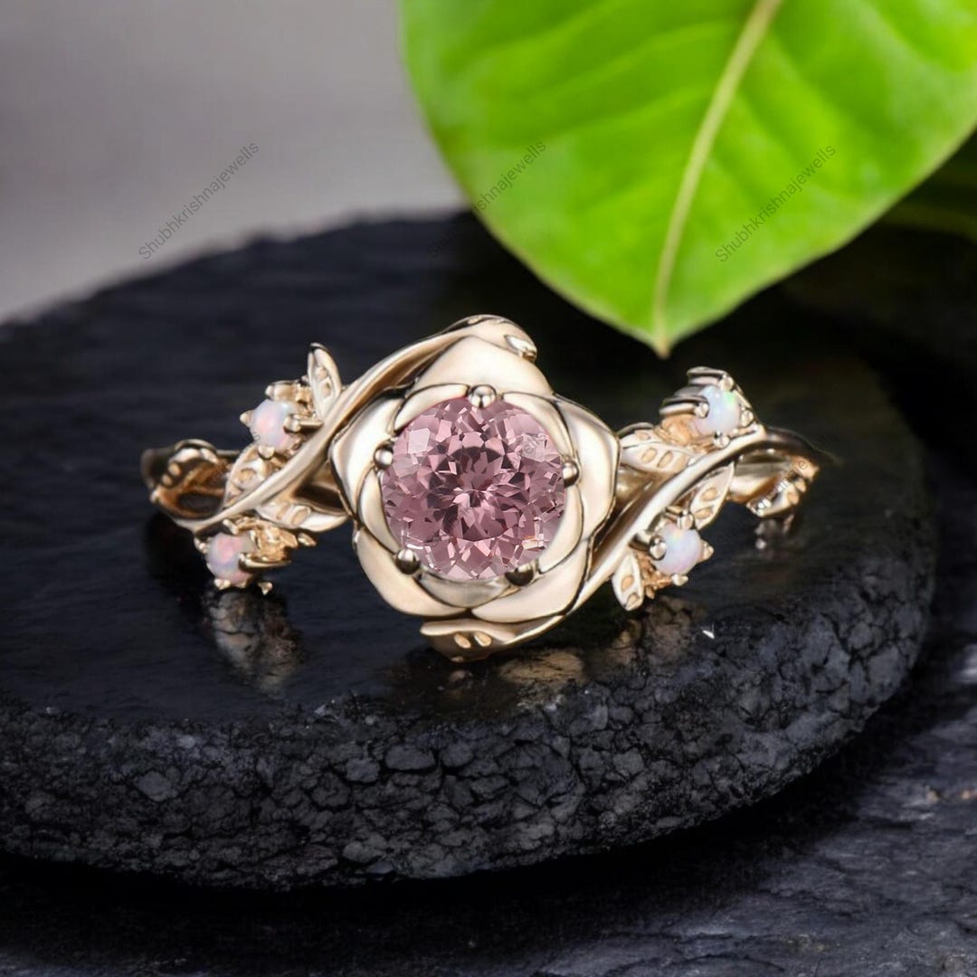 Round Cut Pink Morganite Ring 14ksolid Gold Gemstone Engagement Promise Ring Nature Inspired ...