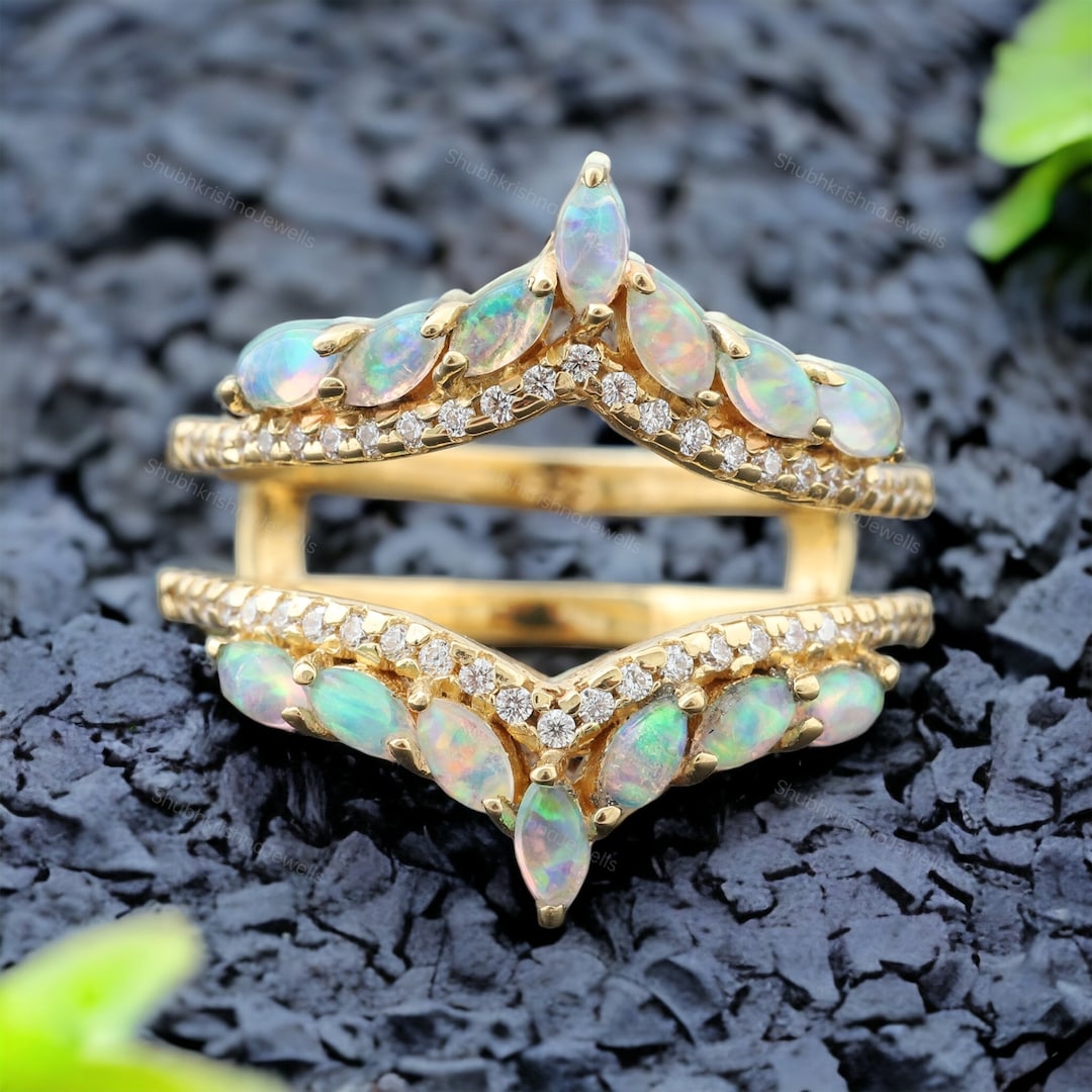 Marquise Cut Opal Enhancer Wrap Band Art Deco Double Guard Wedding Band ...