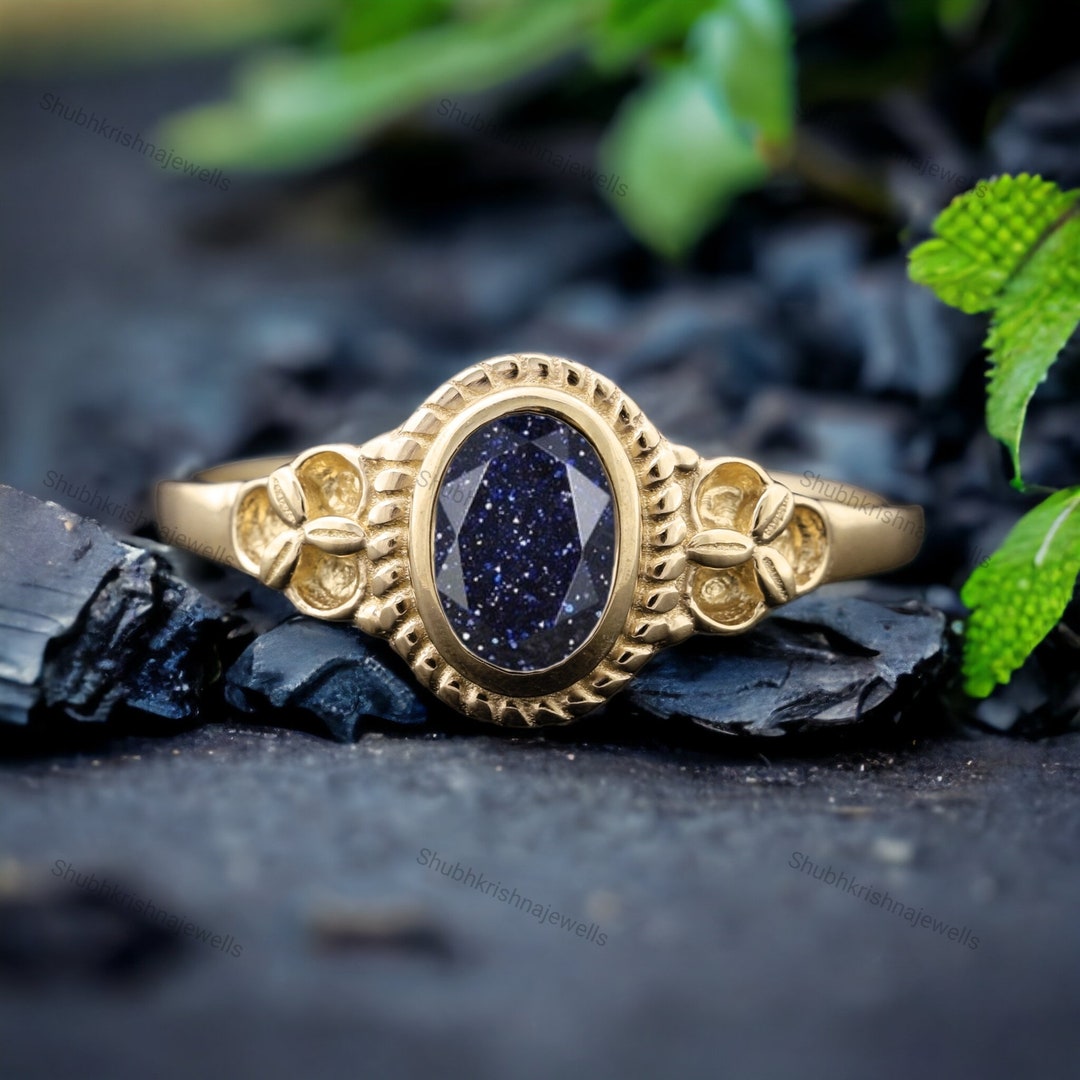 Galaxy Blue Sandstone Ring Art Deco Oval Cut Gemstone Jewelry - Etsy