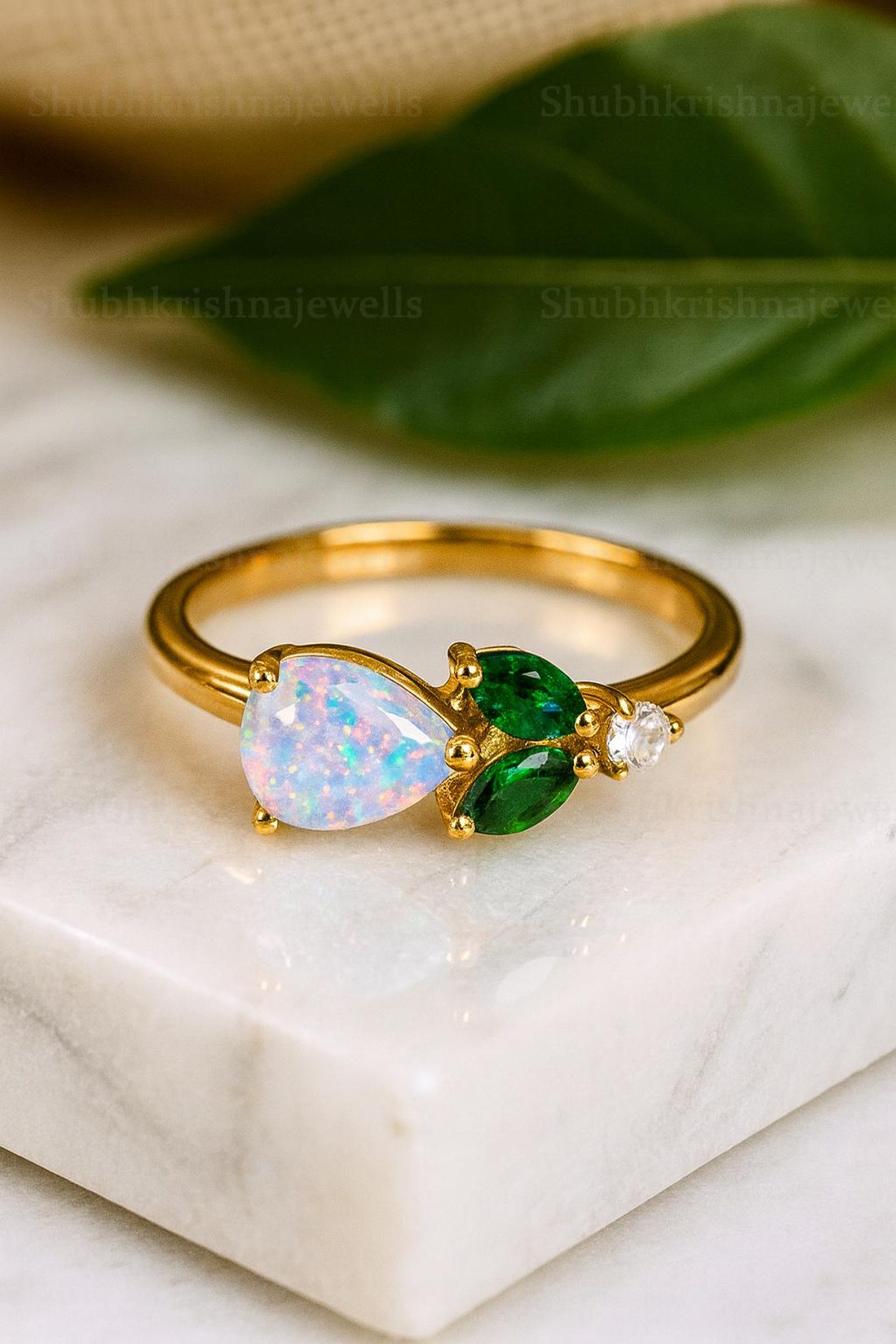 Unique Emerald Opal Proposal Ring Dainty Rose Flower Promise Ring Pear Cut White Opal Ring May ...