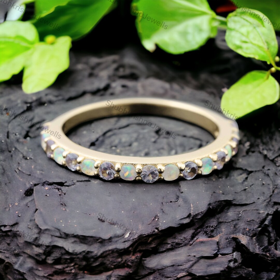 Unique Opal Alexandrite Half Eternity Wedding Band 14K Yellow Gold ...